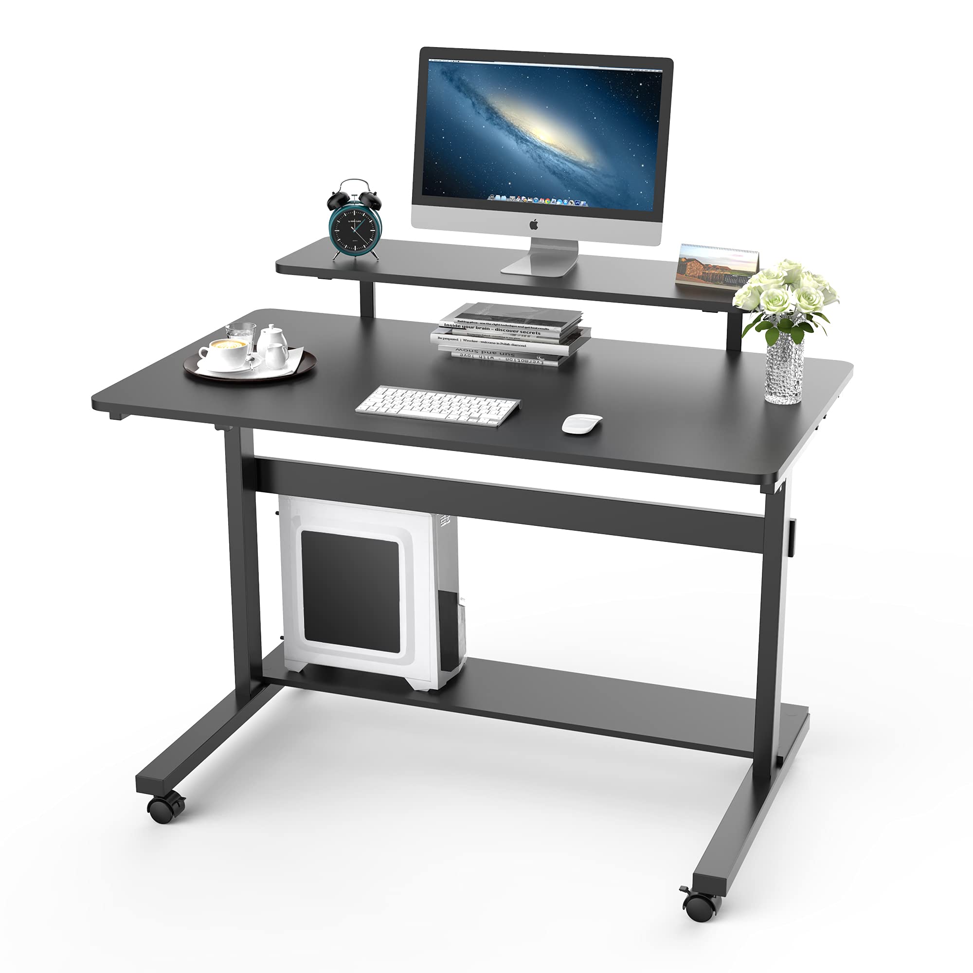 Eureka Ergonomic Height Adjustable Computer Desk, Rolling Sit Stand Desk for Home Office with Hutch, CPU Stand & Lockable Wheels, 41 inch-Black