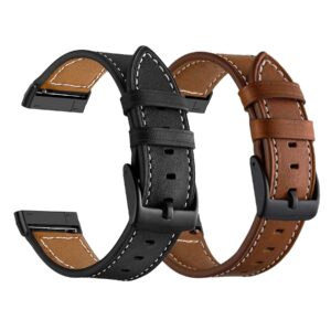 ldfas leather band compatible for fitbit sense/versa 3 bands, (2 pack) women men accessory watch strap with black metal buckle compatible for fitbit sense, versa 3 smartwatch, brown+black