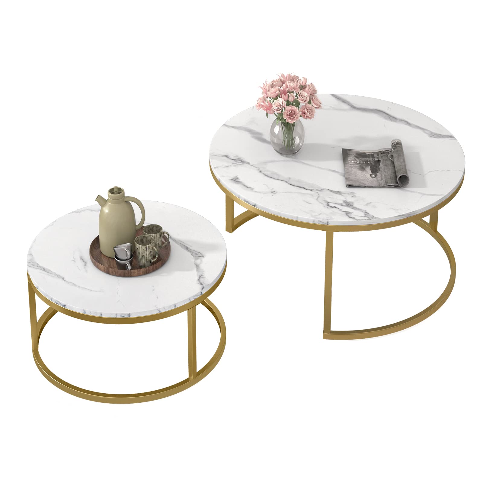 Modern Nesting Coffee Table, Marble Look Sofa Side Nest of Tables Round End Tables, Set of 2, Golden Color Frame with Wood Top- 32”& 24” Table Set