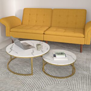 Modern Nesting Coffee Table, Marble Look Sofa Side Nest of Tables Round End Tables, Set of 2, Golden Color Frame with Wood Top- 32”& 24” Table Set