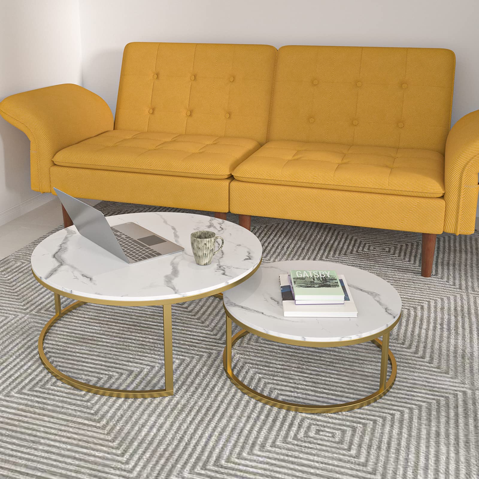 Modern Nesting Coffee Table, Marble Look Sofa Side Nest of Tables Round End Tables, Set of 2, Golden Color Frame with Wood Top- 32”& 24” Table Set