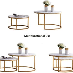 Modern Nesting Coffee Table, Marble Look Sofa Side Nest of Tables Round End Tables, Set of 2, Golden Color Frame with Wood Top- 32”& 24” Table Set