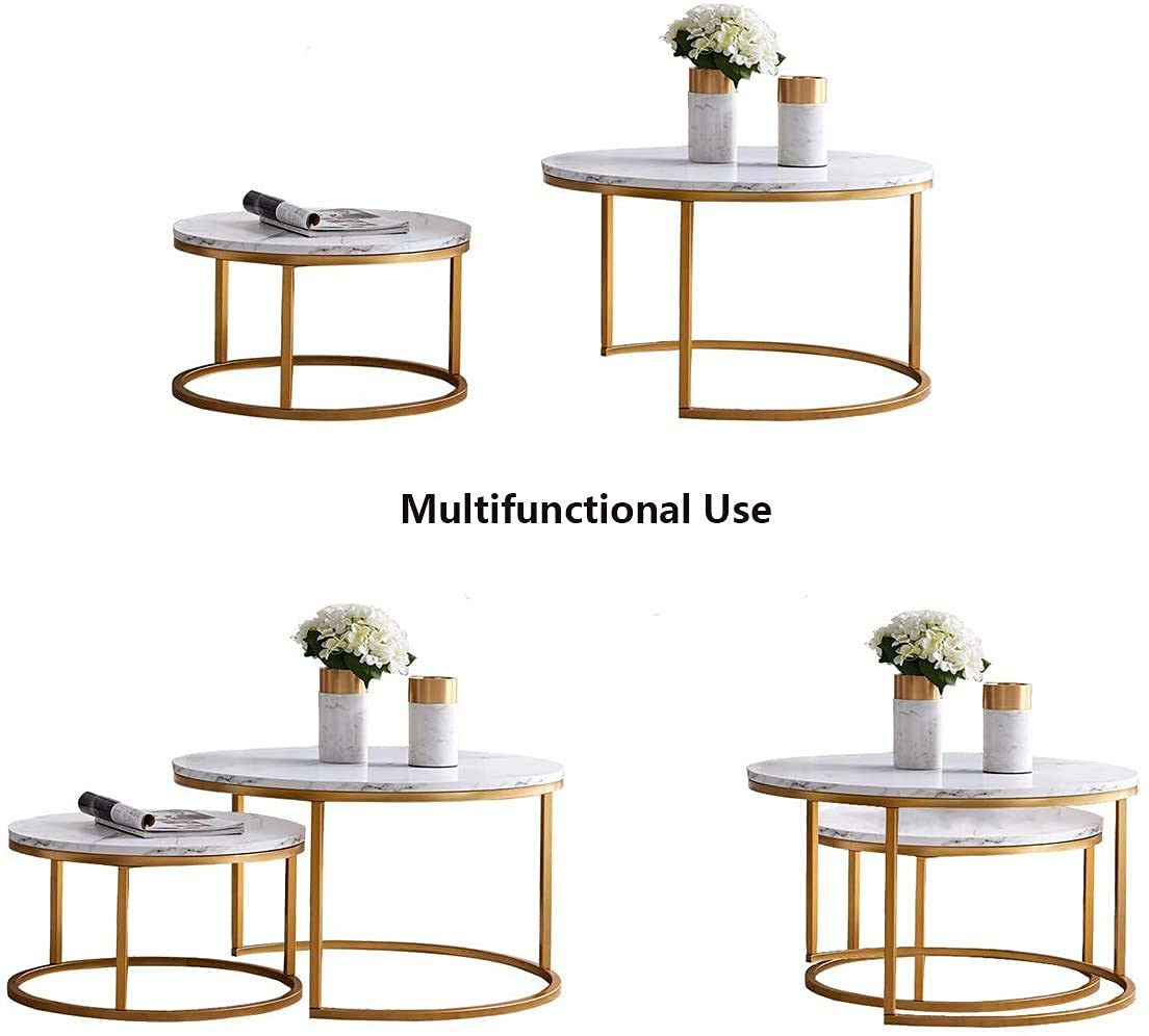 Modern Nesting Coffee Table, Marble Look Sofa Side Nest of Tables Round End Tables, Set of 2, Golden Color Frame with Wood Top- 32”& 24” Table Set