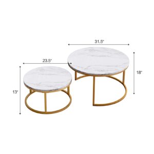 Modern Nesting Coffee Table, Marble Look Sofa Side Nest of Tables Round End Tables, Set of 2, Golden Color Frame with Wood Top- 32”& 24” Table Set