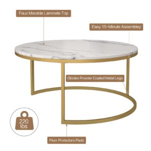 Modern Nesting Coffee Table, Marble Look Sofa Side Nest of Tables Round End Tables, Set of 2, Golden Color Frame with Wood Top- 32”& 24” Table Set