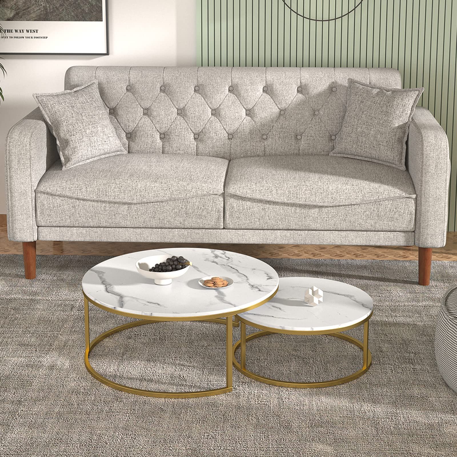 Modern Nesting Coffee Table, Marble Look Sofa Side Nest of Tables Round End Tables, Set of 2, Golden Color Frame with Wood Top- 32”& 24” Table Set