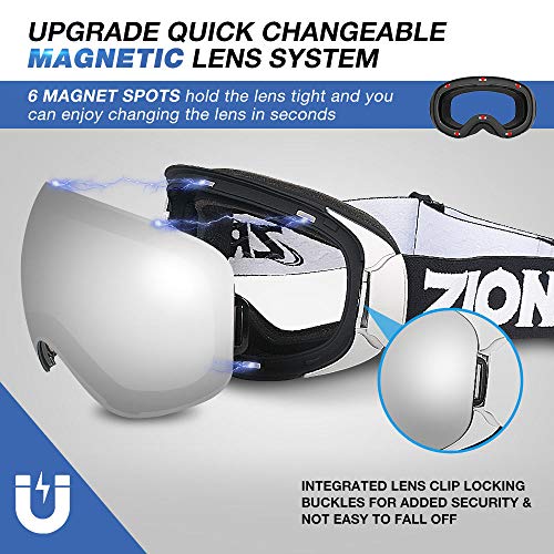 ZIONOR X PRO Ski Snowboard Snow Goggles with Magnetic Interchangeable Dual Layer Lens Anti-fog UV Protection for Men Women Adult （VLT 13% Silver Lens）