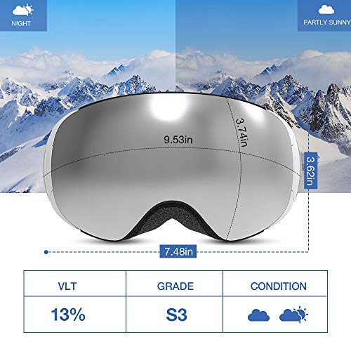 ZIONOR X PRO Ski Snowboard Snow Goggles with Magnetic Interchangeable Dual Layer Lens Anti-fog UV Protection for Men Women Adult （VLT 13% Silver Lens）