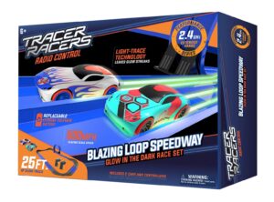 tracer racers 2.4 ghz radio control remote slot-less, cordless racing blazin' loop speedway track set with two cars