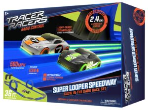 tracer racers 2.4 ghz radio control remote slot-less, cordless racing super loop speedway track set with two cars