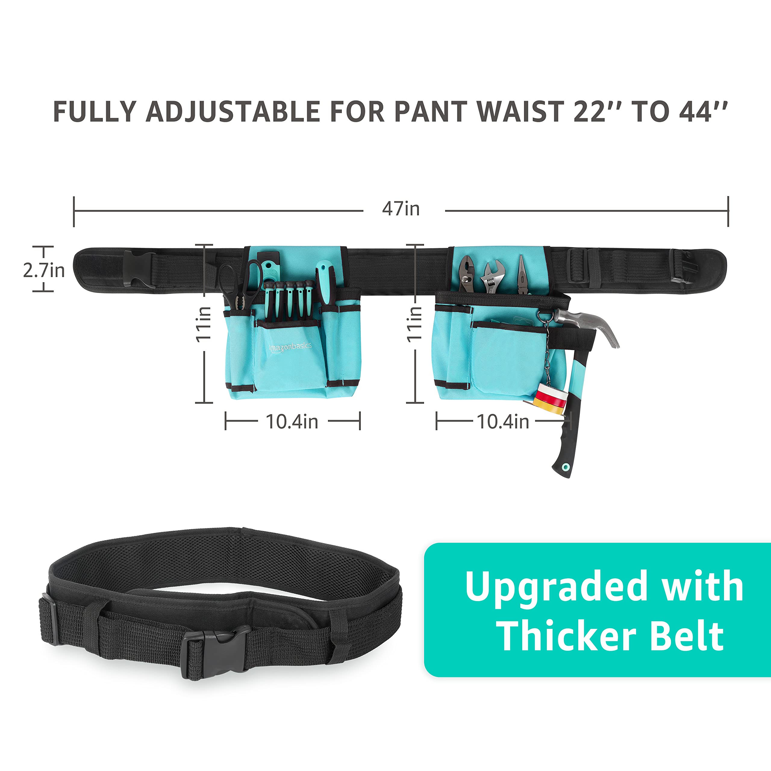 Amazon Basics Tool Belt, Adjustable Waist Strap 22 to 44 inches, Turquoise