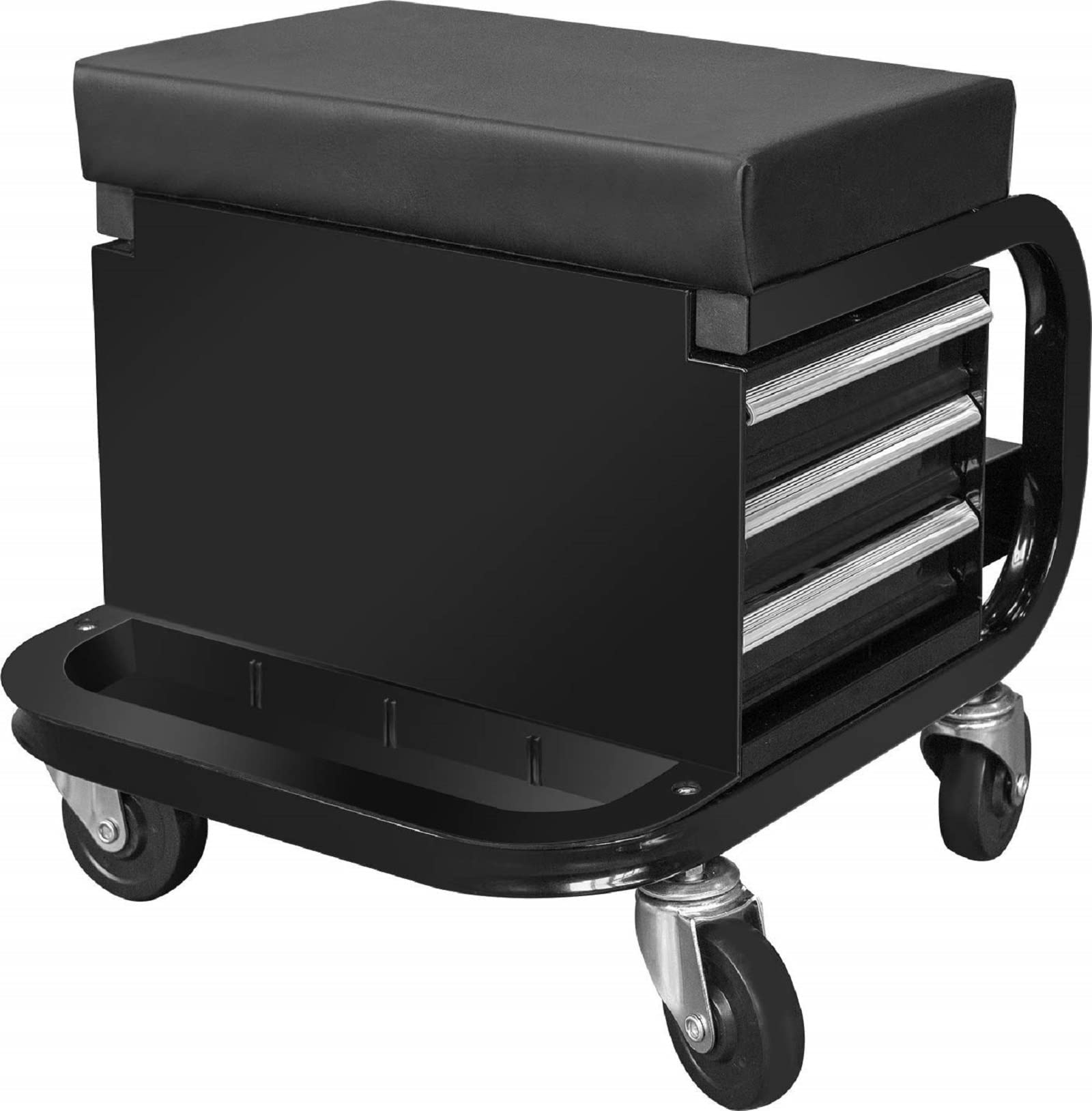 TCE Rolling Creeper Garage/Shop Seat with Three Built-in Drawers,Padded Mechanic Stool Creeper Seat,Black,APD2016AU