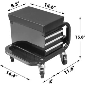 TCE Rolling Creeper Garage/Shop Seat with Three Built-in Drawers,Padded Mechanic Stool Creeper Seat,Black,APD2016AU