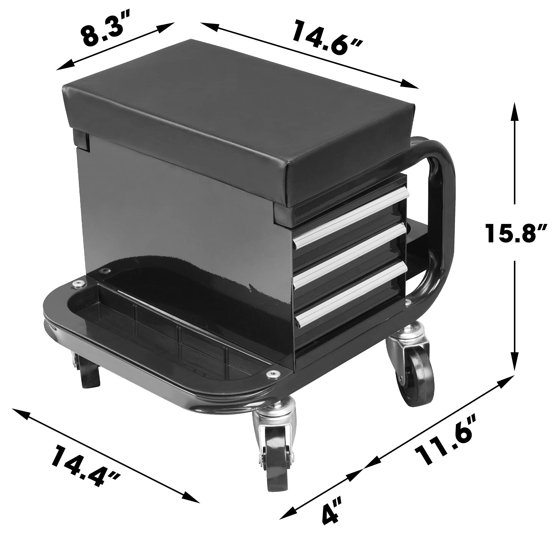 TCE Rolling Creeper Garage/Shop Seat with Three Built-in Drawers,Padded Mechanic Stool Creeper Seat,Black,APD2016AU