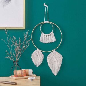 o-heart macrame wall hanging, woven boho chic wall decor cotton leaf feather bedroom decor large wall art decor, bohemian home decorations wall accent - style 1