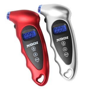 nddi 2 pack digital tire pressure gauge, 150 psi 4 settings car truck bicycle backlit lcd non-slip grip, gray and red.