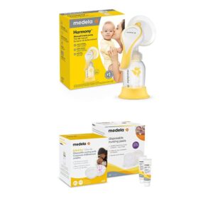 medela new harmony manual breast pump with flex breast shield and breast care set for breastfeeding & breast pumping moms, portable, ultra thin and super absorbency disposable nursing pads, lanolin