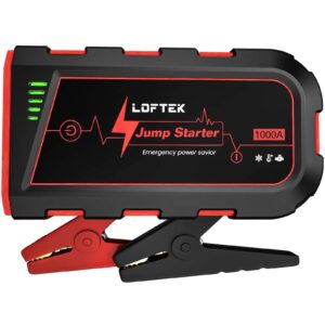 loftek portable car battery jump starter (up to 7.0l gas or 5.5l diesel engine), 12v power pack auto battery booster with built-in led light, red