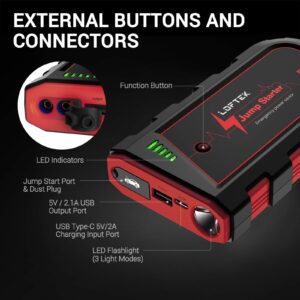 LOFTEK Portable Car Battery Jump Starter (Up to 7.0L Gas or 5.5L Diesel Engine), 12V Power Pack Auto Battery Booster with Built-in LED Light, Red