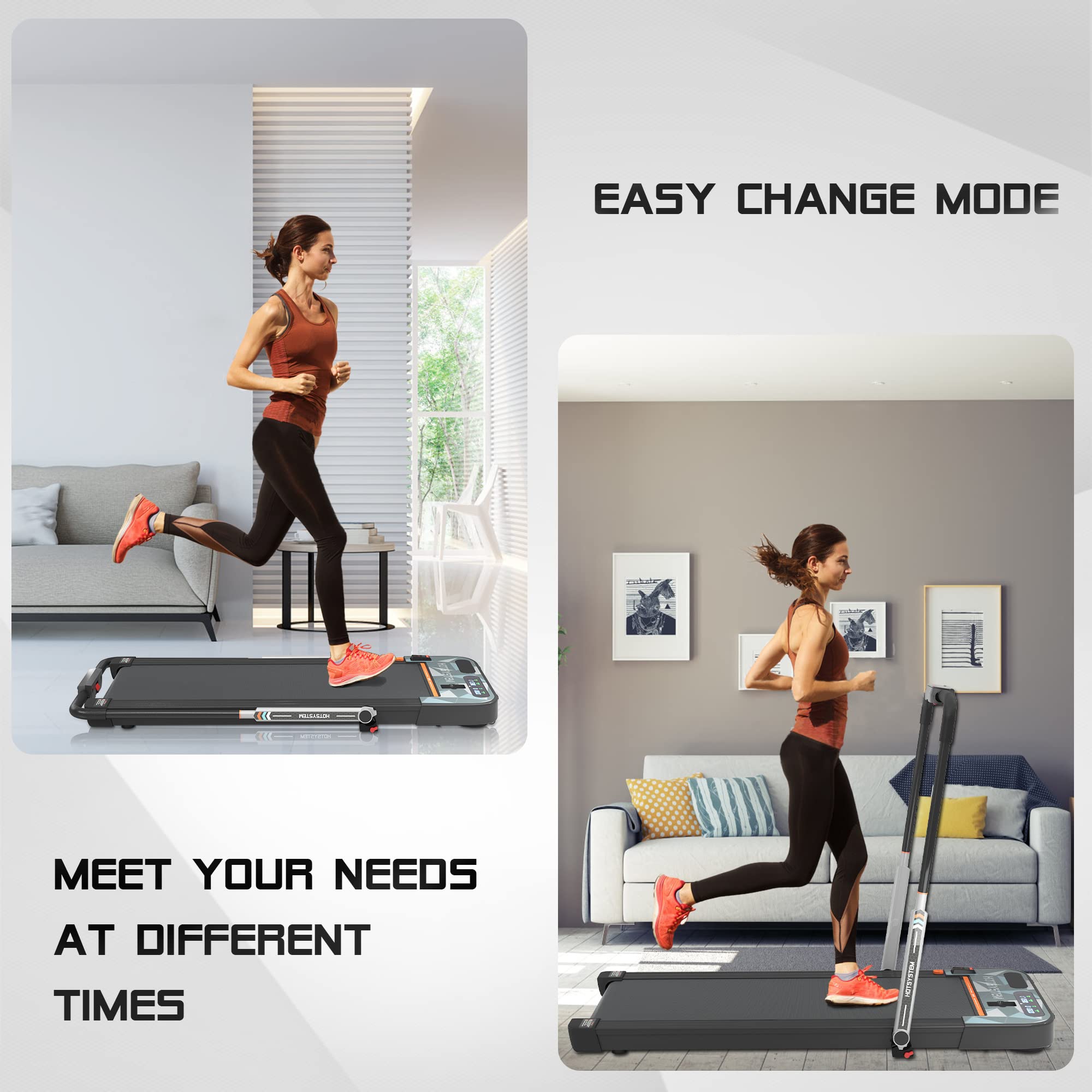 HOTSYSTEM 2 in 1 Installation-Free Folding Treadmill, 2.5HP Portable Under Desk Treadmill with Bluetooth, LED, Remote Control Smart Treadmill for Home Office Cardio Exercise