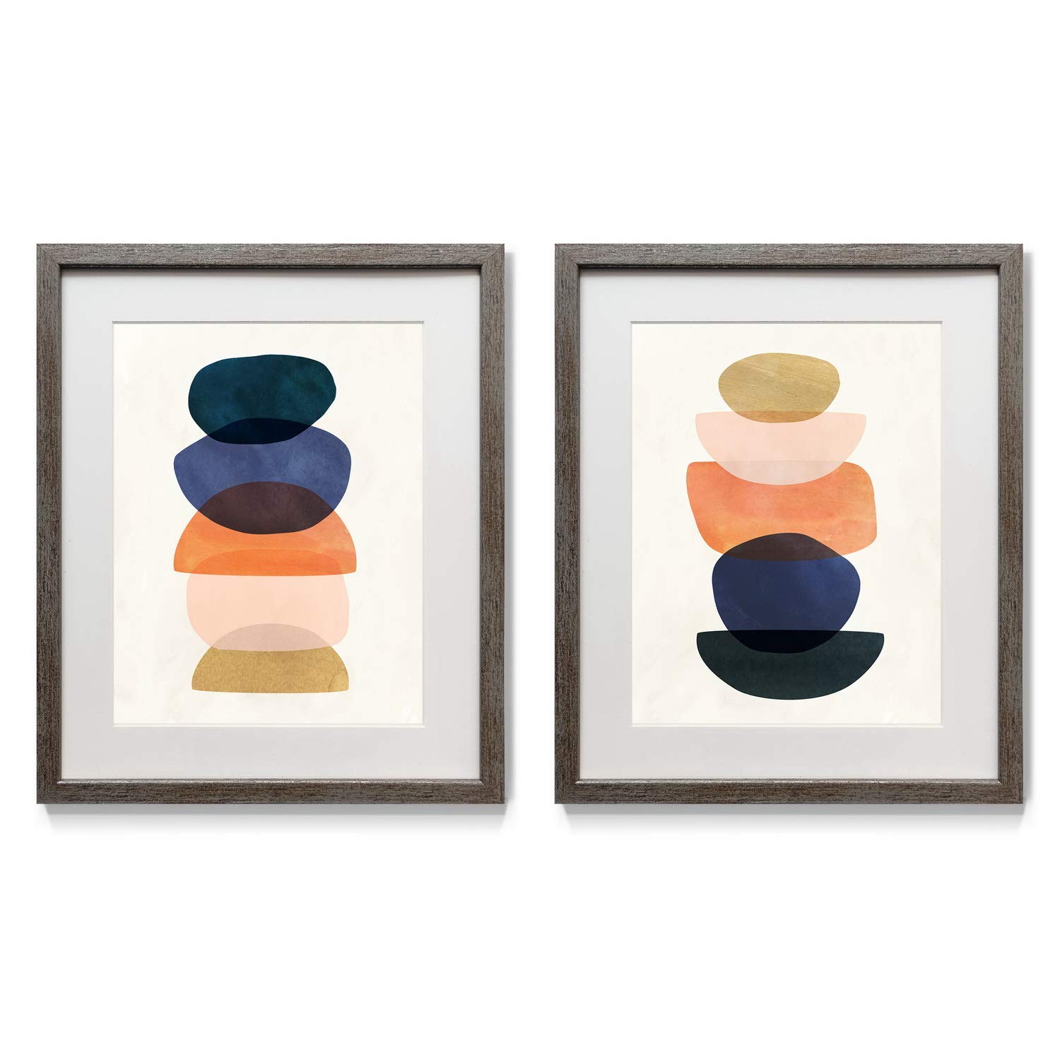 Renditions Gallery Mod Pods 2 Piece Framed Artwork Set, Blue, Orange, Peach, Crisp Contemporary Art, Modern Abstract, Distressed Silver Frame, White Mat, Plexiglass, 16 In W X 20 In H, Made in America