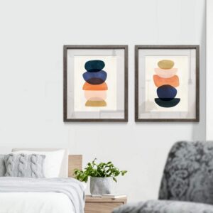 Renditions Gallery Mod Pods 2 Piece Framed Artwork Set, Blue, Orange, Peach, Crisp Contemporary Art, Modern Abstract, Distressed Silver Frame, White Mat, Plexiglass, 16 In W X 20 In H, Made in America