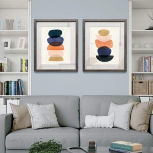 Renditions Gallery Mod Pods 2 Piece Framed Artwork Set, Blue, Orange, Peach, Crisp Contemporary Art, Modern Abstract, Distressed Silver Frame, White Mat, Plexiglass, 16 In W X 20 In H, Made in America