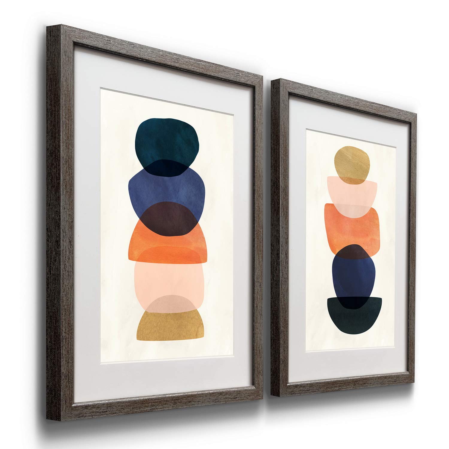 Renditions Gallery Mod Pods 2 Piece Framed Artwork Set, Blue, Orange, Peach, Crisp Contemporary Art, Modern Abstract, Distressed Silver Frame, White Mat, Plexiglass, 16 In W X 20 In H, Made in America