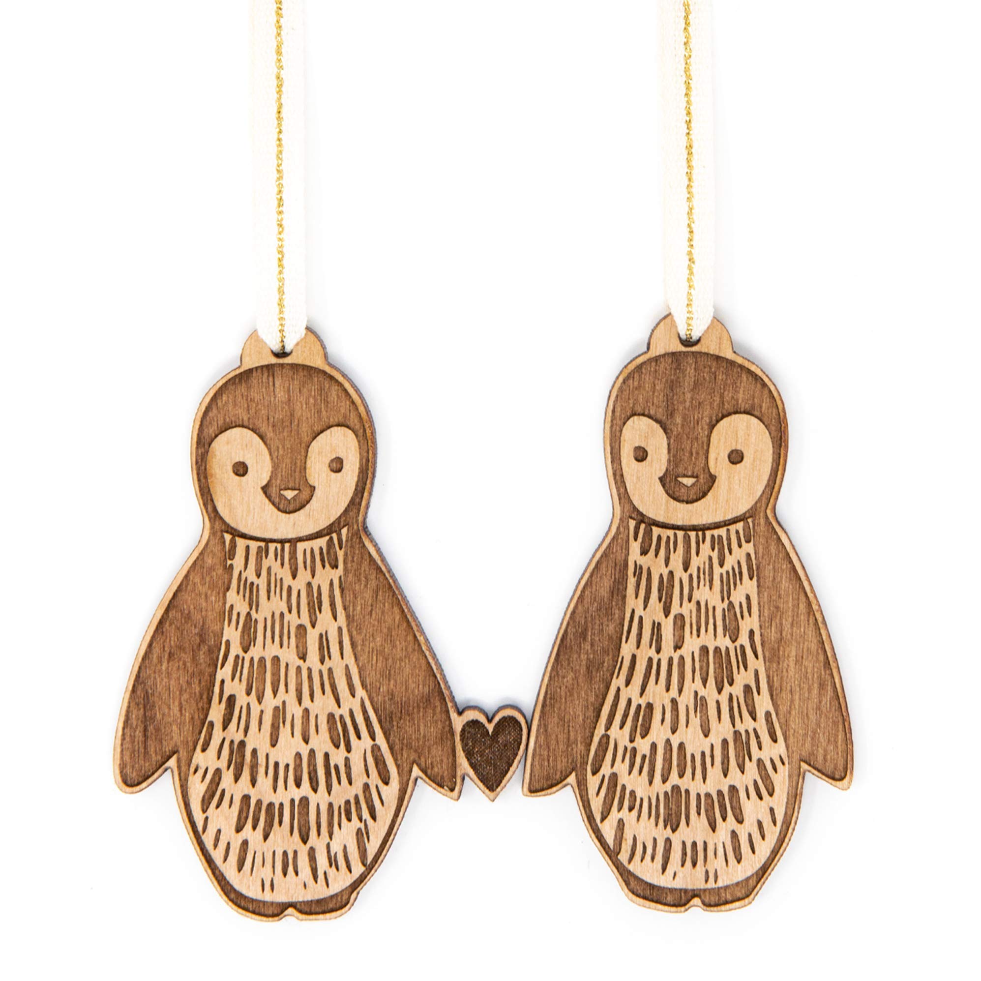 Penguin Pair Laser Cut Wood Ornaments - Comes with 2 [Christmas, Holiday, Love, Anniversary, Personalized Gifts, Custom Message, Stocking Stuffers]