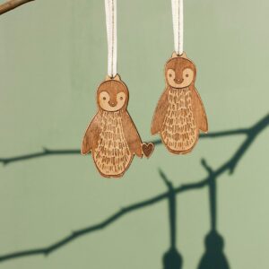 Penguin Pair Laser Cut Wood Ornaments - Comes with 2 [Christmas, Holiday, Love, Anniversary, Personalized Gifts, Custom Message, Stocking Stuffers]