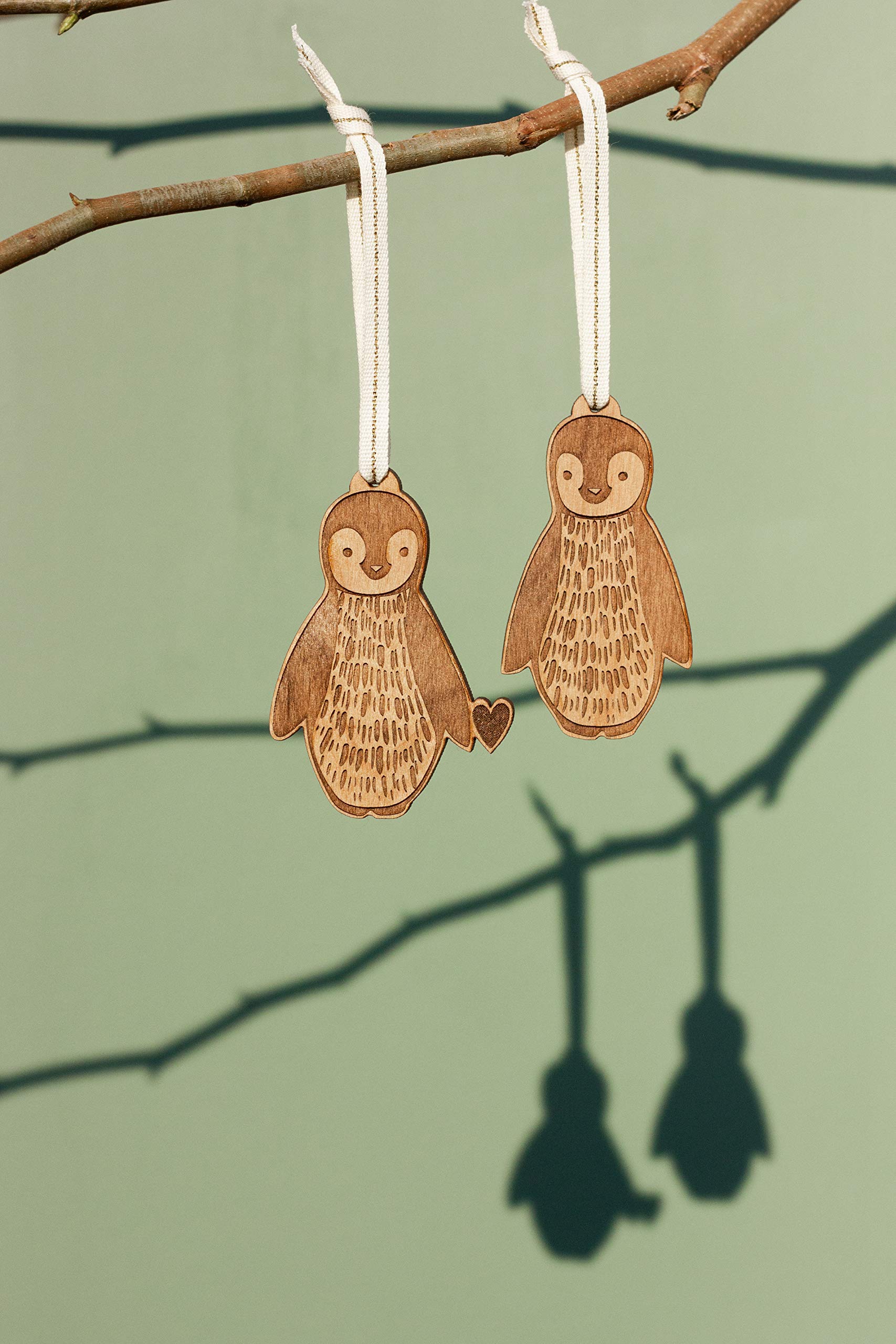 Penguin Pair Laser Cut Wood Ornaments - Comes with 2 [Christmas, Holiday, Love, Anniversary, Personalized Gifts, Custom Message, Stocking Stuffers]