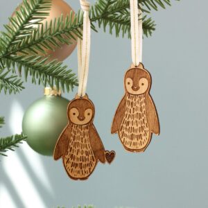 Penguin Pair Laser Cut Wood Ornaments - Comes with 2 [Christmas, Holiday, Love, Anniversary, Personalized Gifts, Custom Message, Stocking Stuffers]