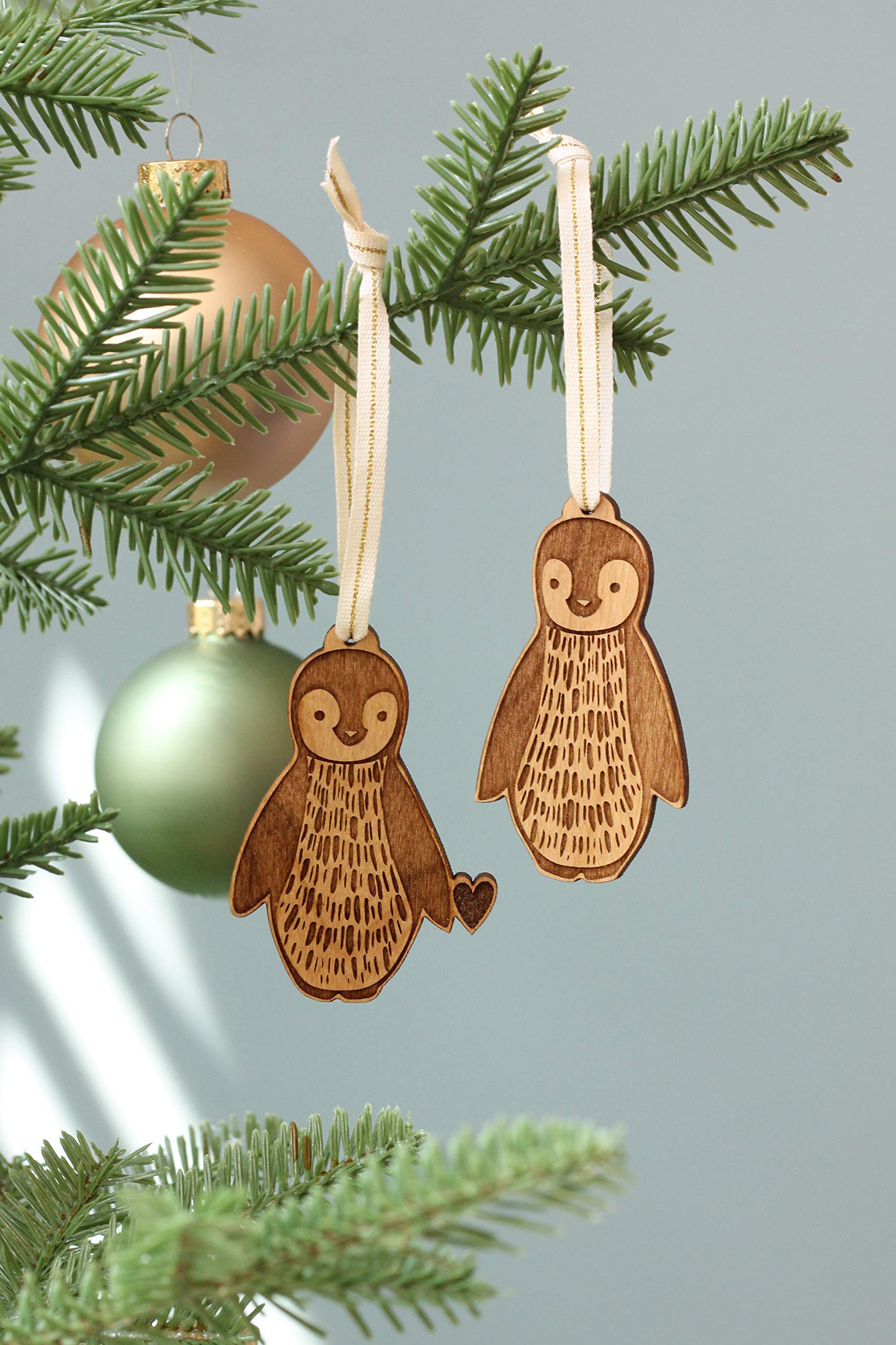 Penguin Pair Laser Cut Wood Ornaments - Comes with 2 [Christmas, Holiday, Love, Anniversary, Personalized Gifts, Custom Message, Stocking Stuffers]