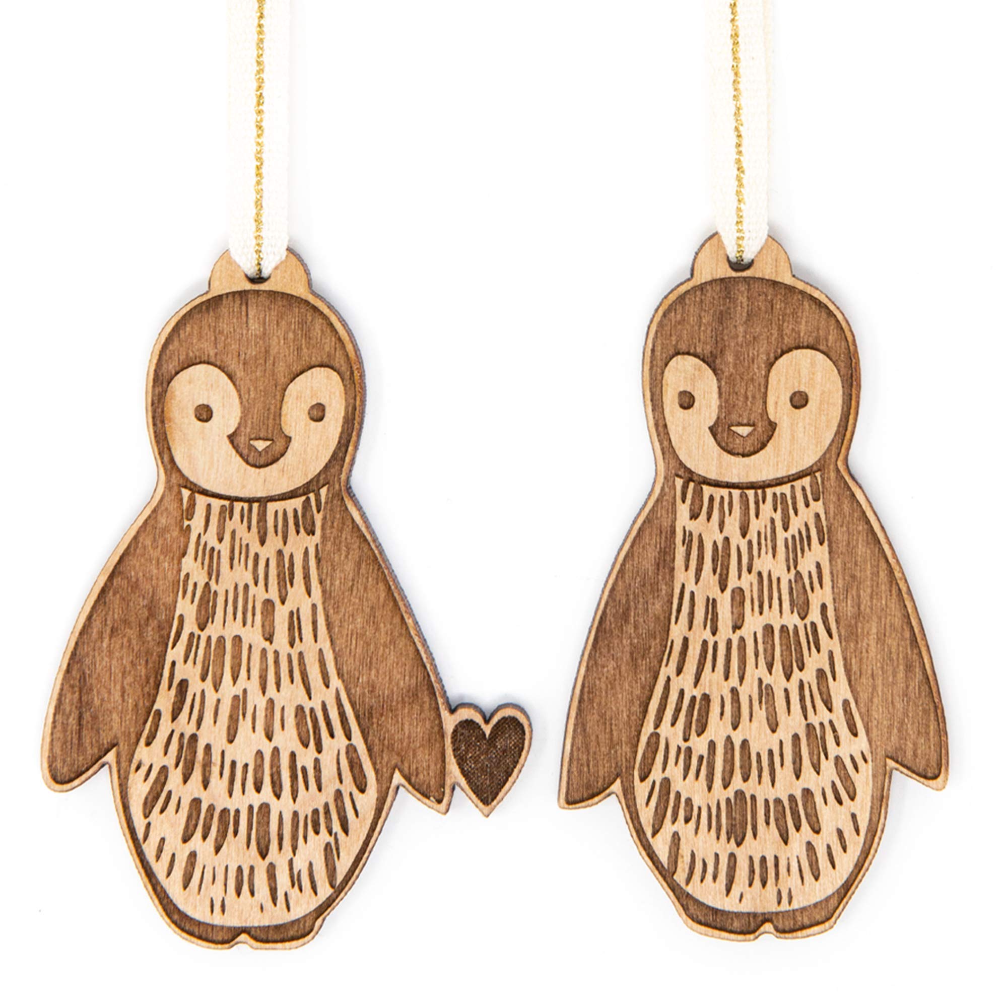 Penguin Pair Laser Cut Wood Ornaments - Comes with 2 [Christmas, Holiday, Love, Anniversary, Personalized Gifts, Custom Message, Stocking Stuffers]