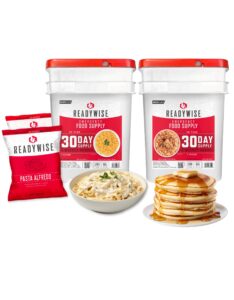 readywise - 30 day, emergency food supply, 298 servings, 2 buckets, freeze-dried, mre, camping, hiking, survival, adventure meal, 25-year shelf life