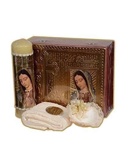 Baptism Candle Set/Baul de Madera con Vela para Bautizo con Virgen de Guadalupe Repujado