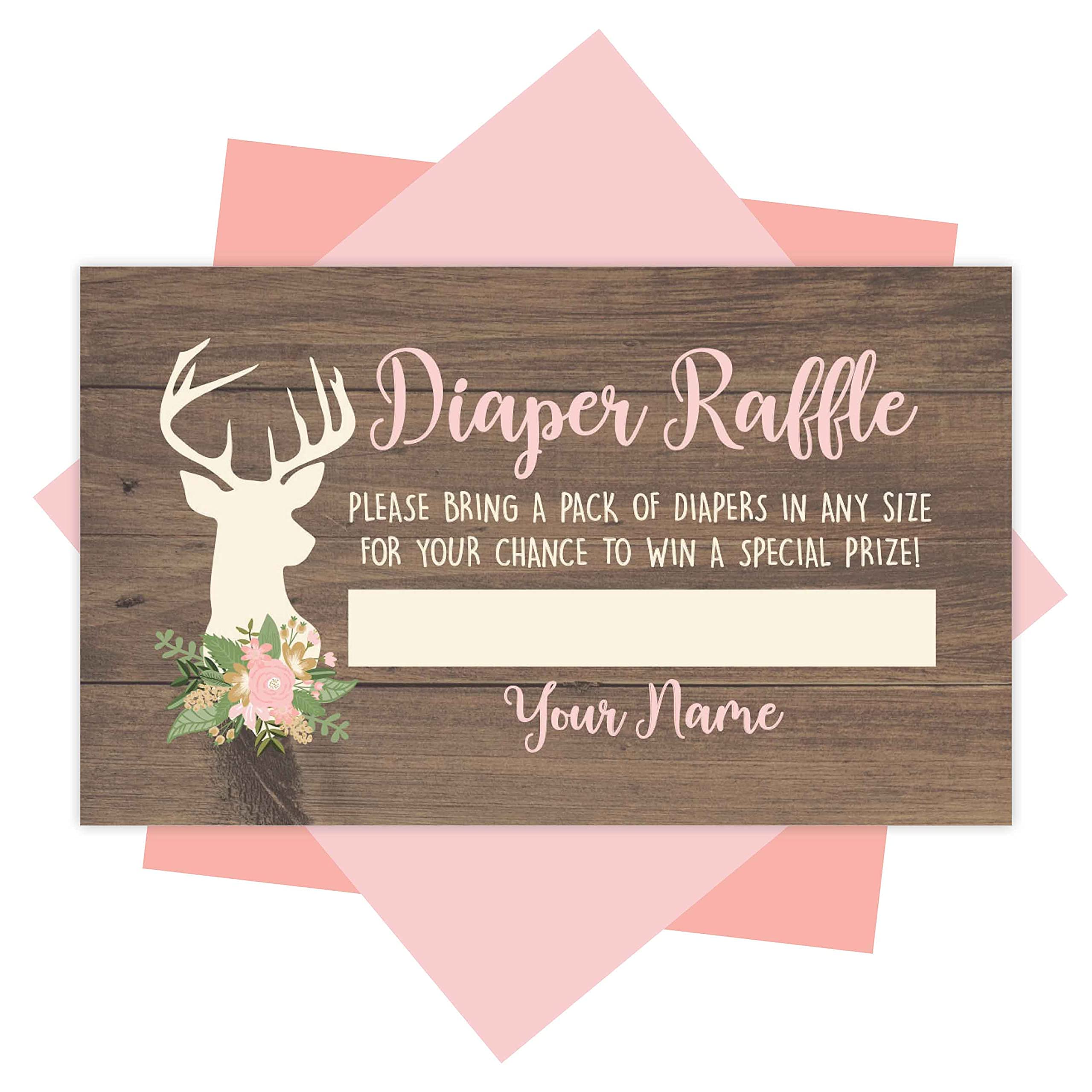 25 Oh Deer Baby Shower Invitations, 25 Books For Baby Shower Request Cards, 25 Baby Shower Diaper Raffle Tickets For Baby Shower Girl, Cute Pink Rustic Buck Write in Diaper Raffle Cards