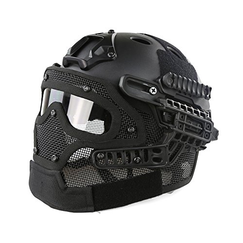 iMeshbean PJ Fast Tactical Helmet Airsoft Full Face Mask with Goggles Molle Mesh Breathable Eye Protection for CS Paintball Shooting Hunting Cycling Outdoor Sport (Black)