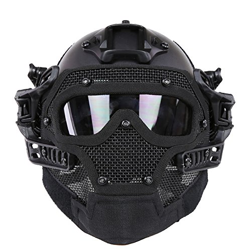 iMeshbean PJ Fast Tactical Helmet Airsoft Full Face Mask with Goggles Molle Mesh Breathable Eye Protection for CS Paintball Shooting Hunting Cycling Outdoor Sport (Black)