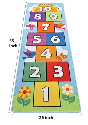 Hop and Count Hopscotch Rug, Kids Floor Play Area Rug Game Carpet Crawl Jump Mat, Children Numbers Learning Non-Slip Rug, Great for Ages 3 to 7 Boys Girls, Home Decor, 26''x55''