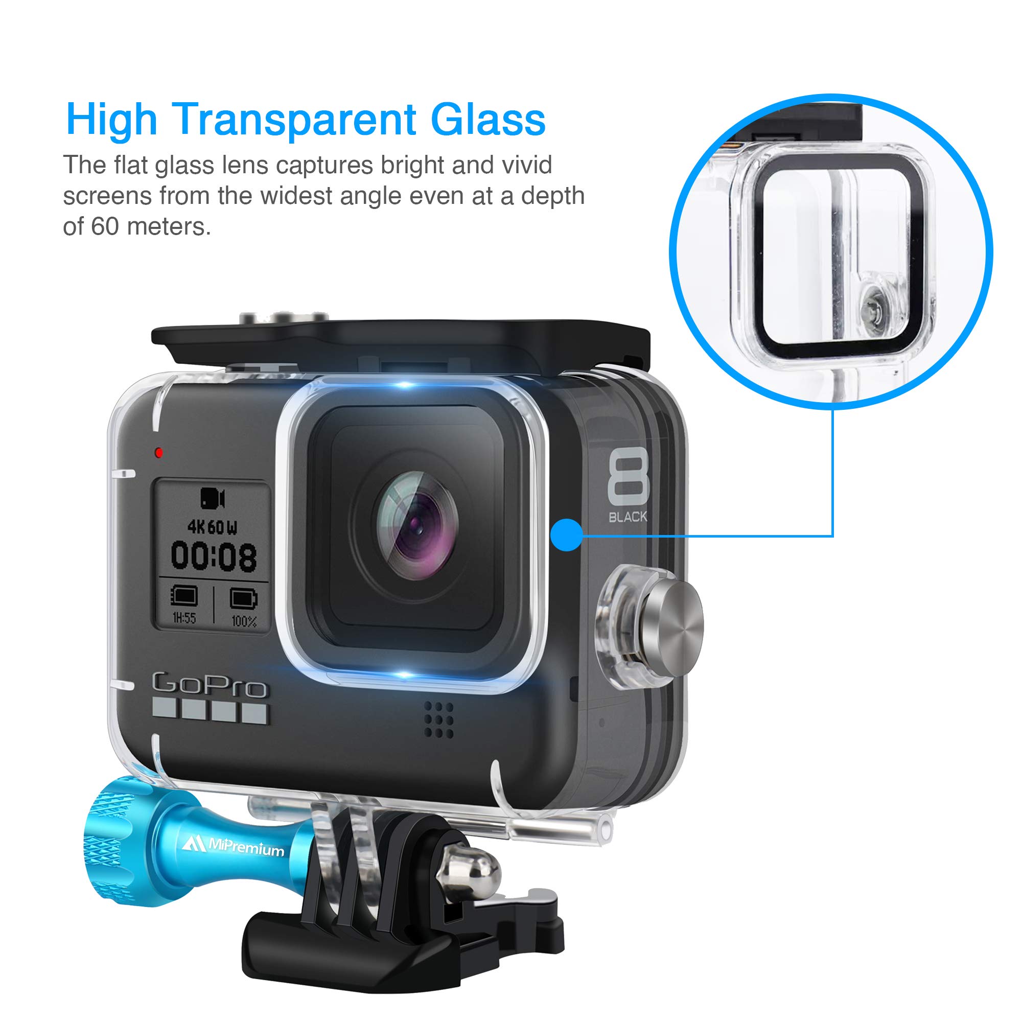 MiPremium Waterproof Housing Case for GoPro Hero 8 Black. Underwater Protective Diving Shell Cage Mount Accessories with Aluminium Screw & Quick Release Buckle Accessory for Hero8 Action Camera