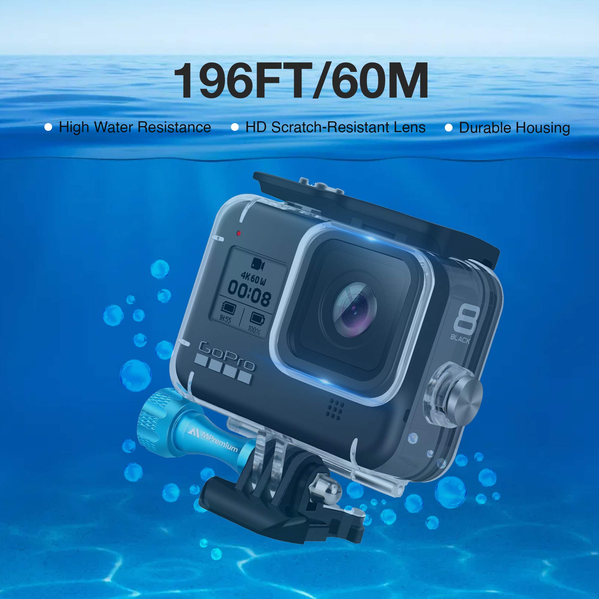 MiPremium Waterproof Housing Case for GoPro Hero 8 Black. Underwater Protective Diving Shell Cage Mount Accessories with Aluminium Screw & Quick Release Buckle Accessory for Hero8 Action Camera