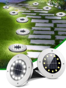 kooboe solar ground lights, 8 packs 12 led solar garden lights outdoor waterproof bright in - solar disk lights for pathway, yard, patio, walkway, christmas decorations(warm white)