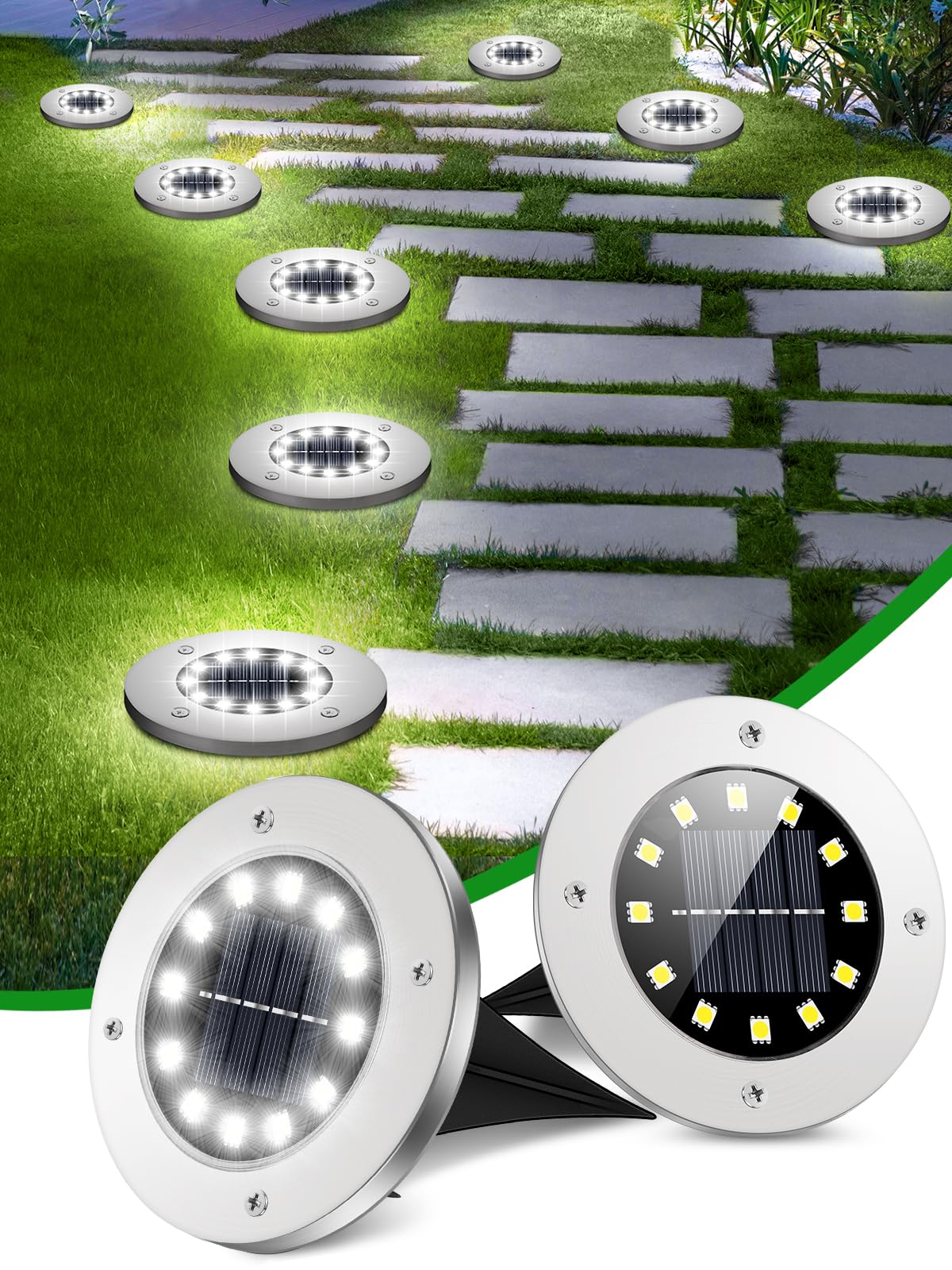 Kooboe Solar Ground Lights, 8 Packs 12 LED Solar Garden Lights Outdoor Waterproof Bright in - Solar Disk Lights for Pathway, Yard, Patio, Walkway, Christmas Decorations(Warm White)