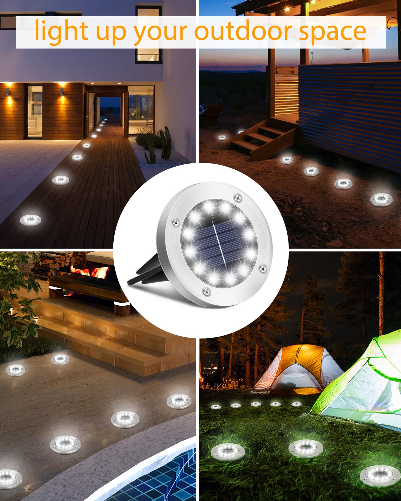 Kooboe Solar Ground Lights, 8 Packs 12 LED Solar Garden Lights Outdoor Waterproof Bright in - Solar Disk Lights for Pathway, Yard, Patio, Walkway, Christmas Decorations(Warm White)