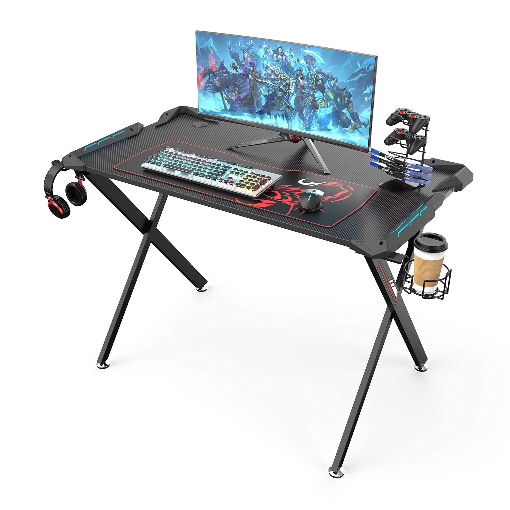 It's_Organized LED Light Computer Desk,44 X 24 Inches RGB Gaming Desk,Home Office Study Writing Tables Desk with Free Mouse Pad,Handle Rack,Cup Holder, Headphone Hook