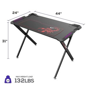 It's_Organized LED Light Computer Desk,44 X 24 Inches RGB Gaming Desk,Home Office Study Writing Tables Desk with Free Mouse Pad,Handle Rack,Cup Holder, Headphone Hook