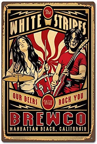 White Stripes Rock Tin Signs Metal Poster Warning Sign Decor for Garage Home Garden Retro Tin Sign Wall Birthday Party Bar Cafe Kitchen