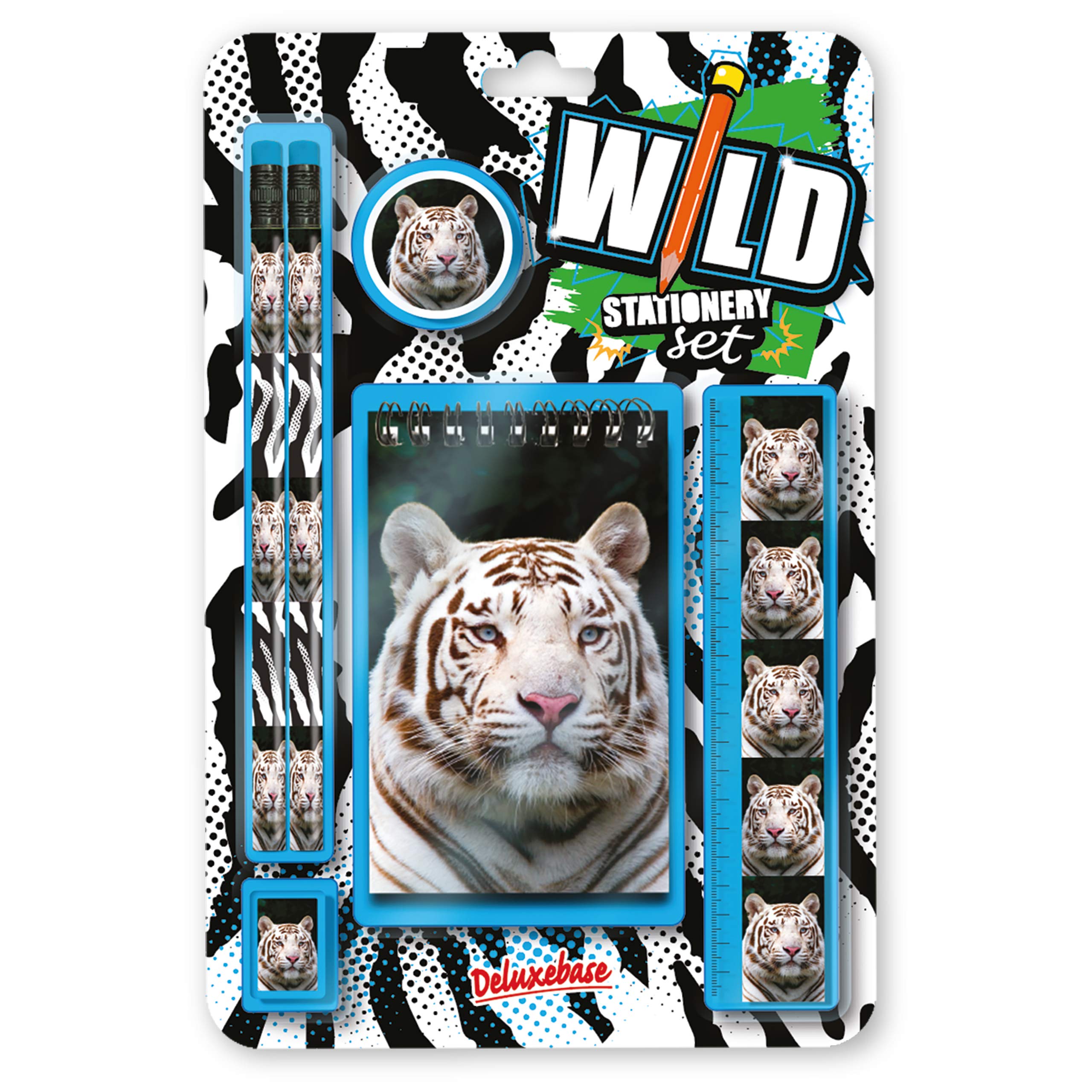 Deluxebase Wild Stationery Set - White Tiger School Stationary Sets from School Supplies Include 2 Pencils, Pencil Eraser, Pencil Sharpener, Ruler, Cute Notebook. Stationary Supplies Gifts for Kids