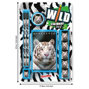 Deluxebase Wild Stationery Set - White Tiger School Stationary Sets from School Supplies Include 2 Pencils, Pencil Eraser, Pencil Sharpener, Ruler, Cute Notebook. Stationary Supplies Gifts for Kids